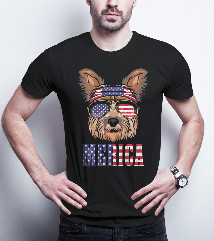 Yorkie Dog Merica American Flag Sunglasses Bandana T-Shirt