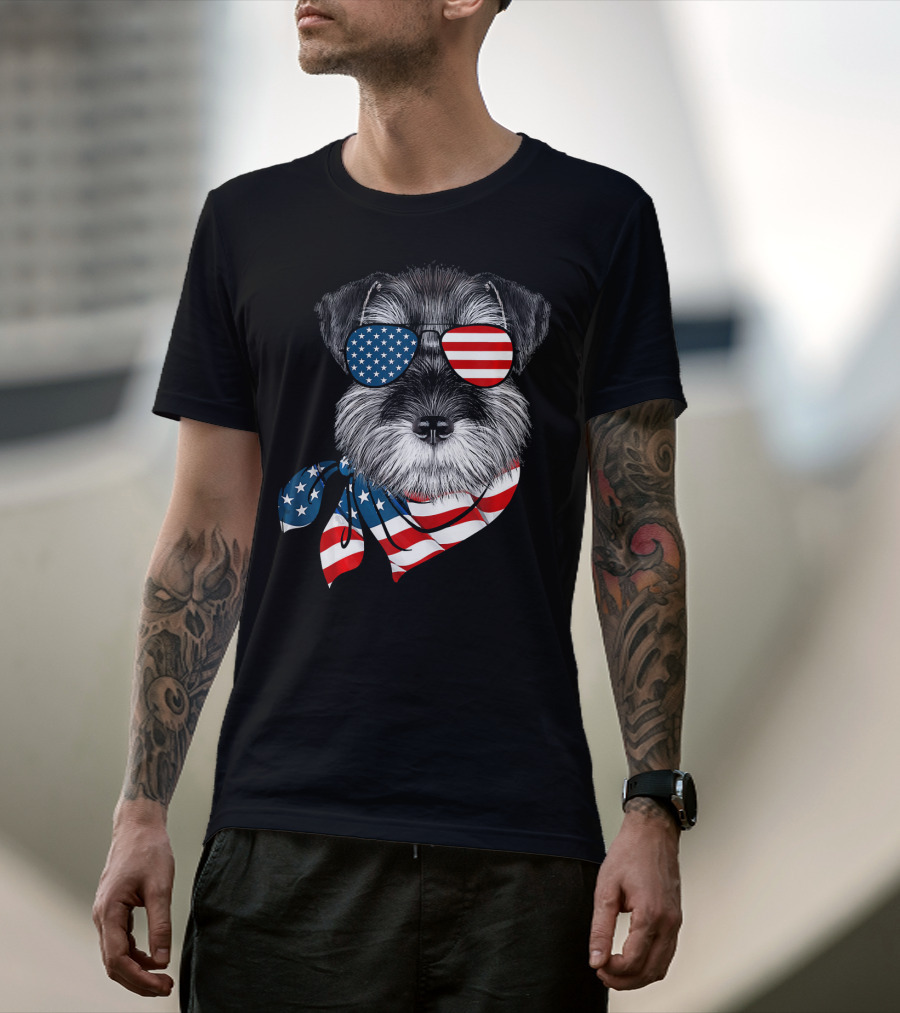 Schnauzer With American Flag Sunglasses And Scarf Patriotic T-Shirt
