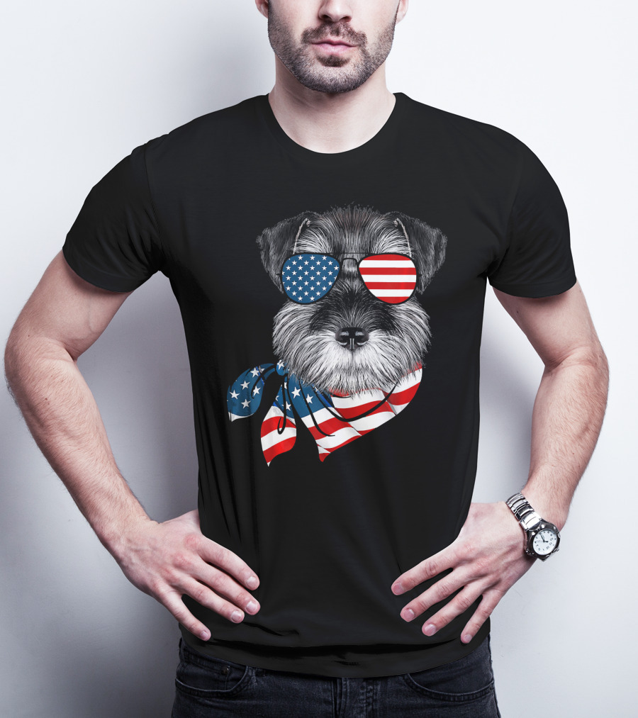 Schnauzer With American Flag Sunglasses And Scarf Patriotic T-Shirt