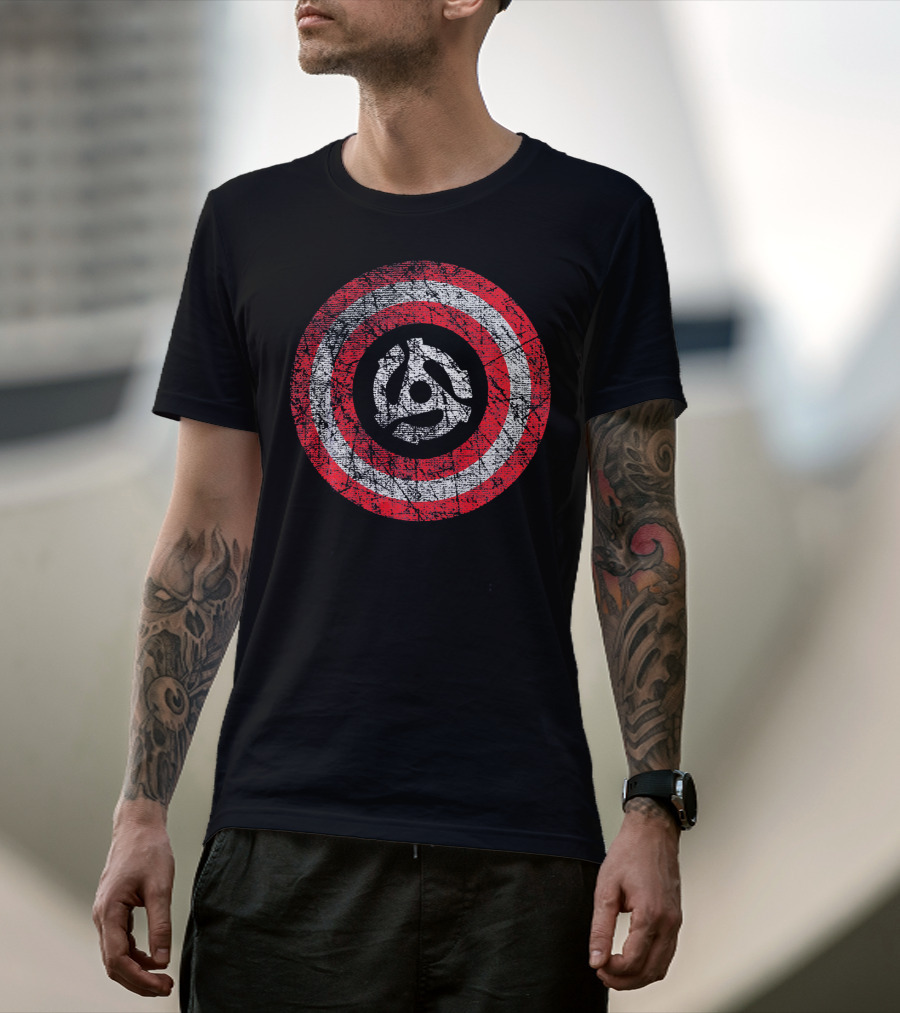 Patriotic Distressed Vinyl 45 RPM Adapter Red White Stripes T-Shirt