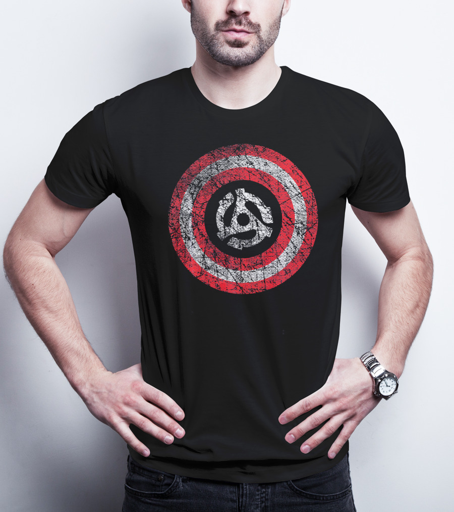 Patriotic Distressed Vinyl 45 RPM Adapter Red White Stripes T-Shirt