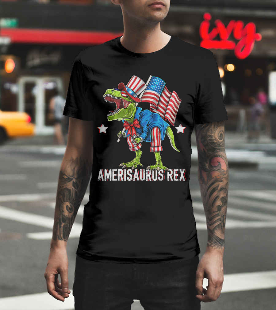 Amerisaurus Rex Dinosaur Uncle Sam Costume Fourth Of July Patriotic T-Rex T-Shirt