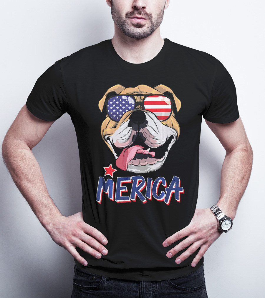 English Bulldog Merica Sunglasses Fourth Of July T-Shirt