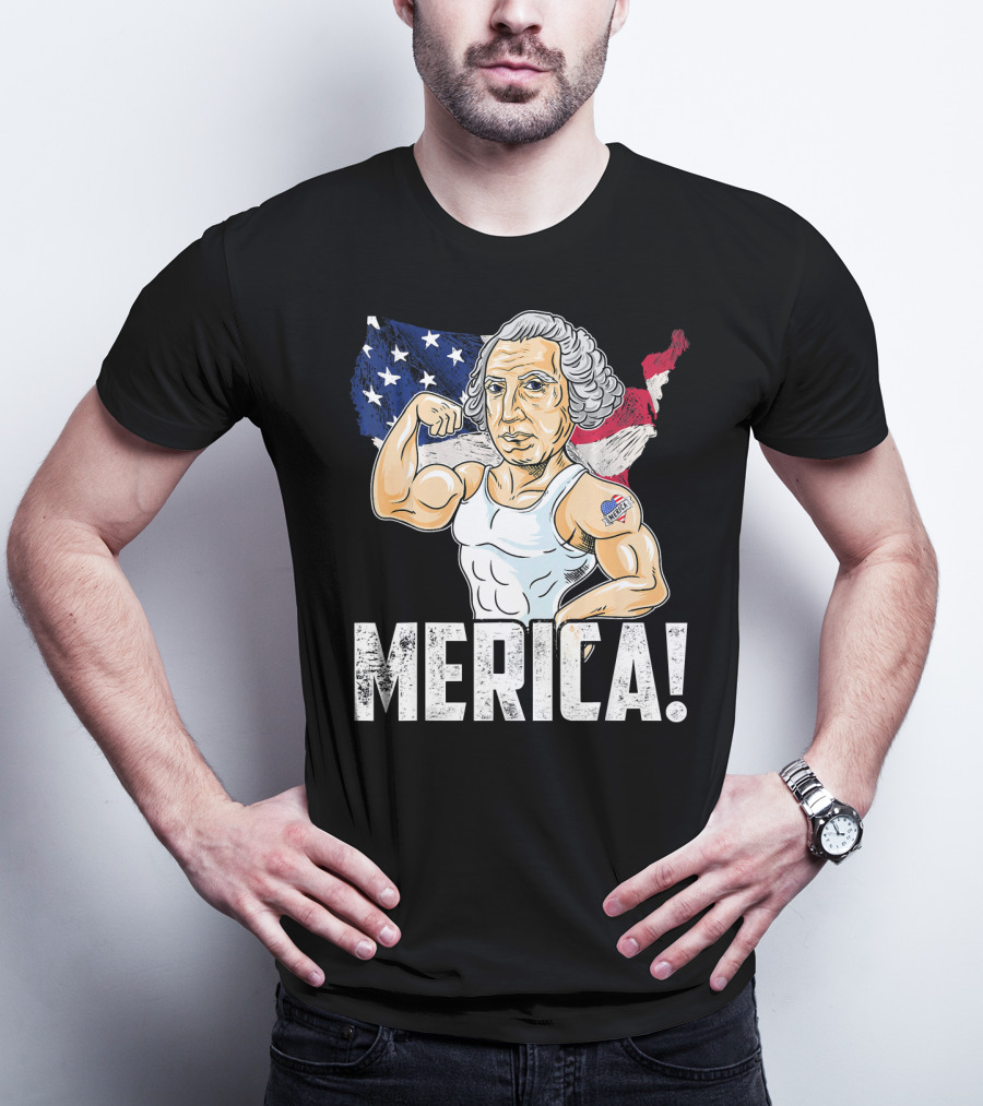 George Washington Muscles Merica USA Flag Background T-Shirt