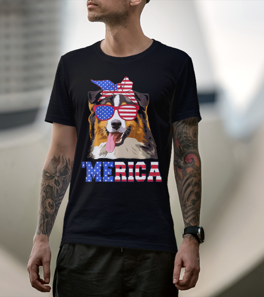 Aussie Dog Mom 'Merica American Flag Sunglasses And Bandana T-Shirt
