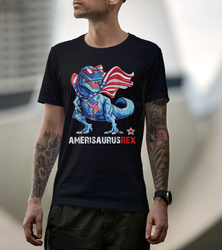 Amerisaurus Rex Patriotic Dinosaur With USA Flag And Stars T-Shirt