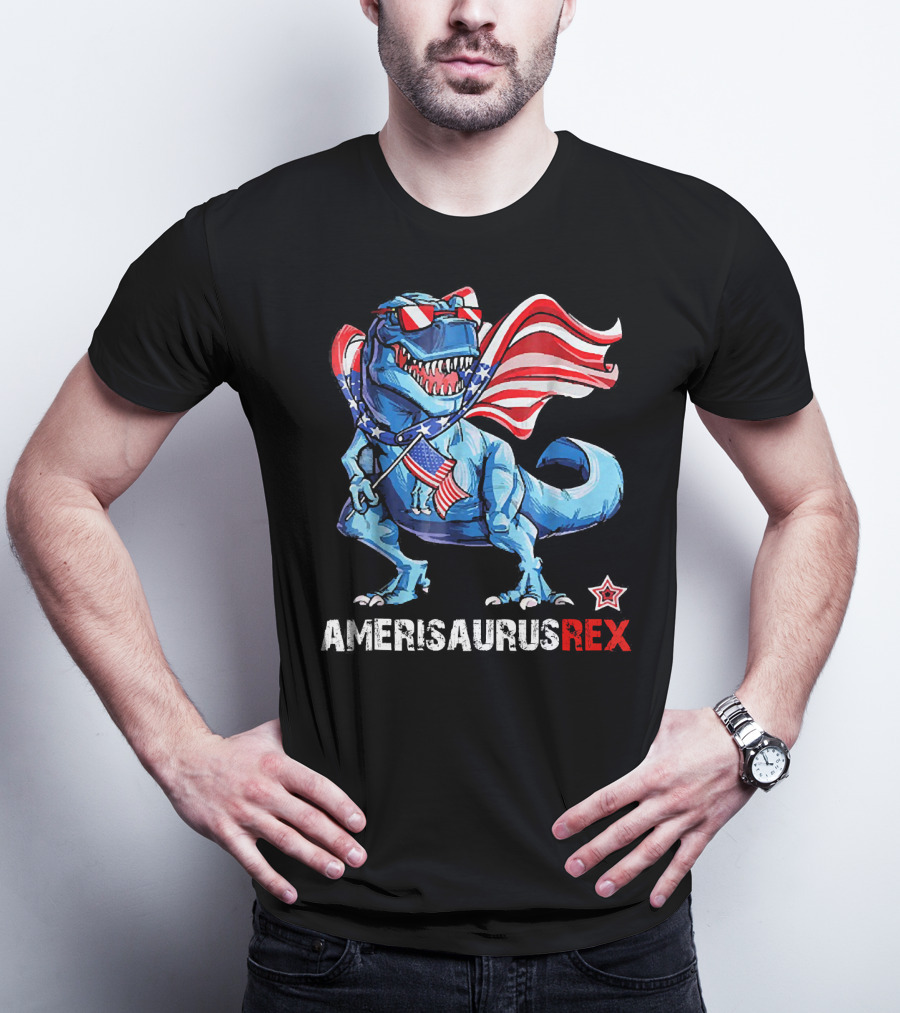 Amerisaurus Rex Patriotic Dinosaur With USA Flag And Stars T-Shirt