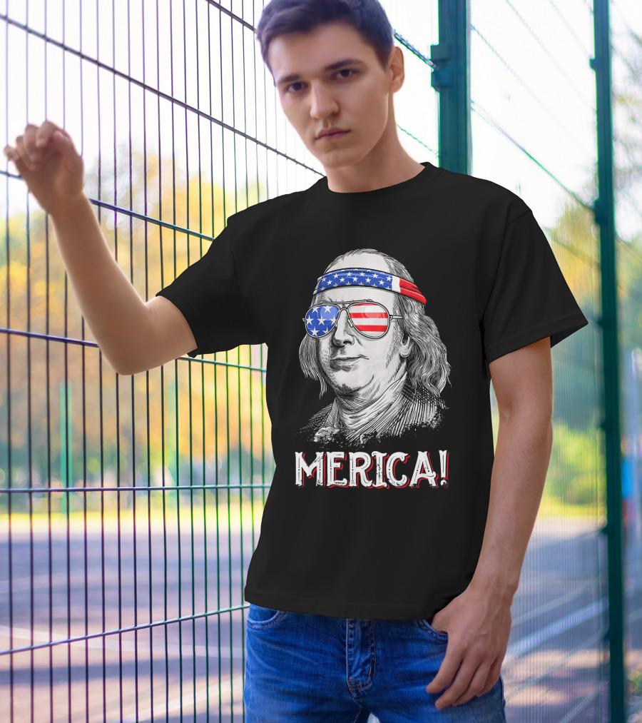 Benjamin Franklin Merica Patriotic USA Bandana Sunglasses T-Shirt