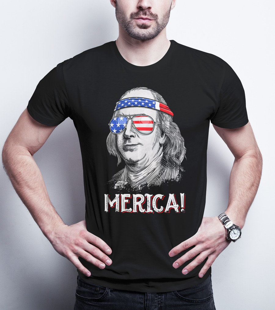Benjamin Franklin Merica Patriotic USA Bandana Sunglasses T-Shirt