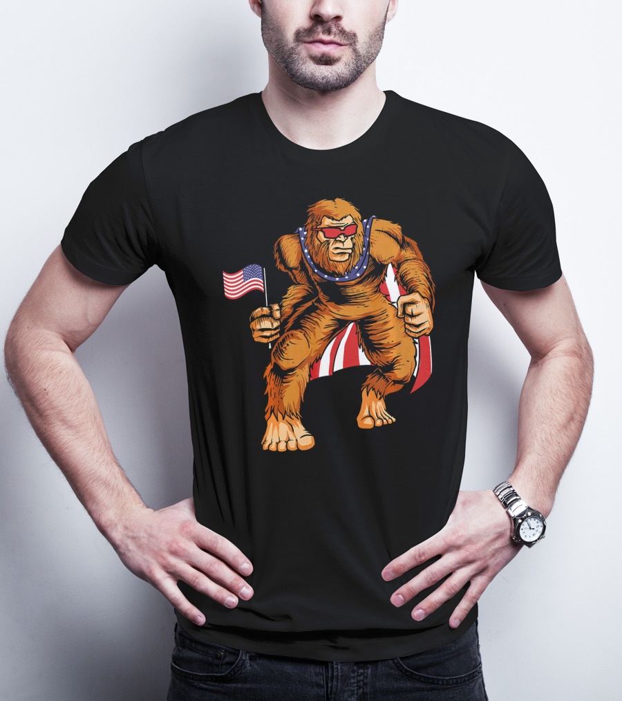 Bigfoot Patriotic American Flag Sunglasses Flag-Waving Stance T-Shirt