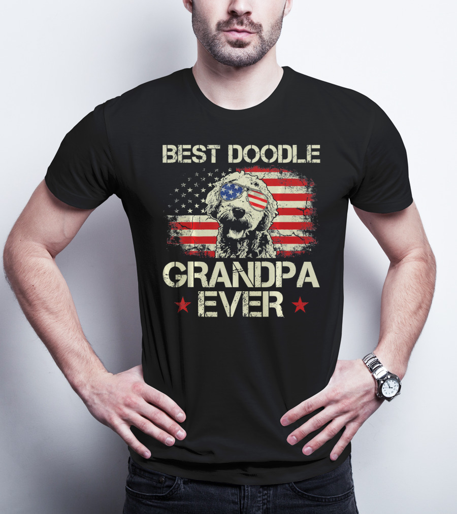 Best Doodle Grandpa Ever USA Flag Sunglasses Dog T-Shirt