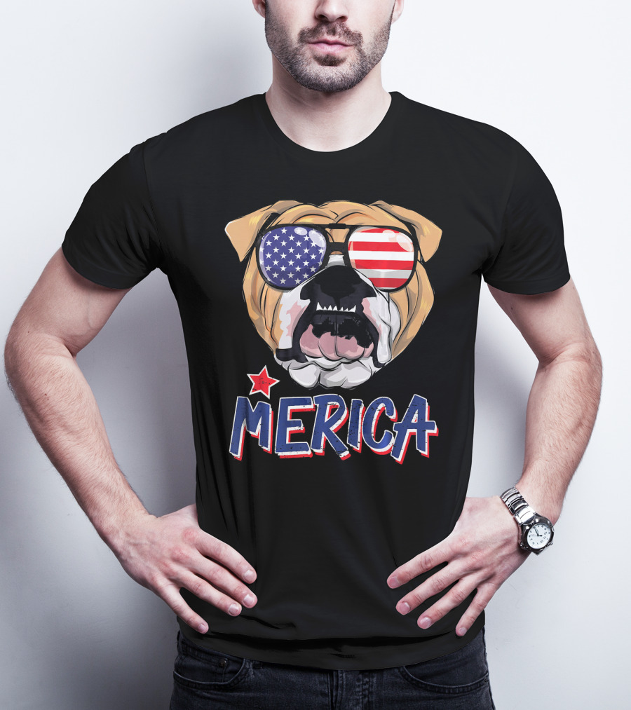 English Bulldog Sunglass Merica American Flag T-Shirt