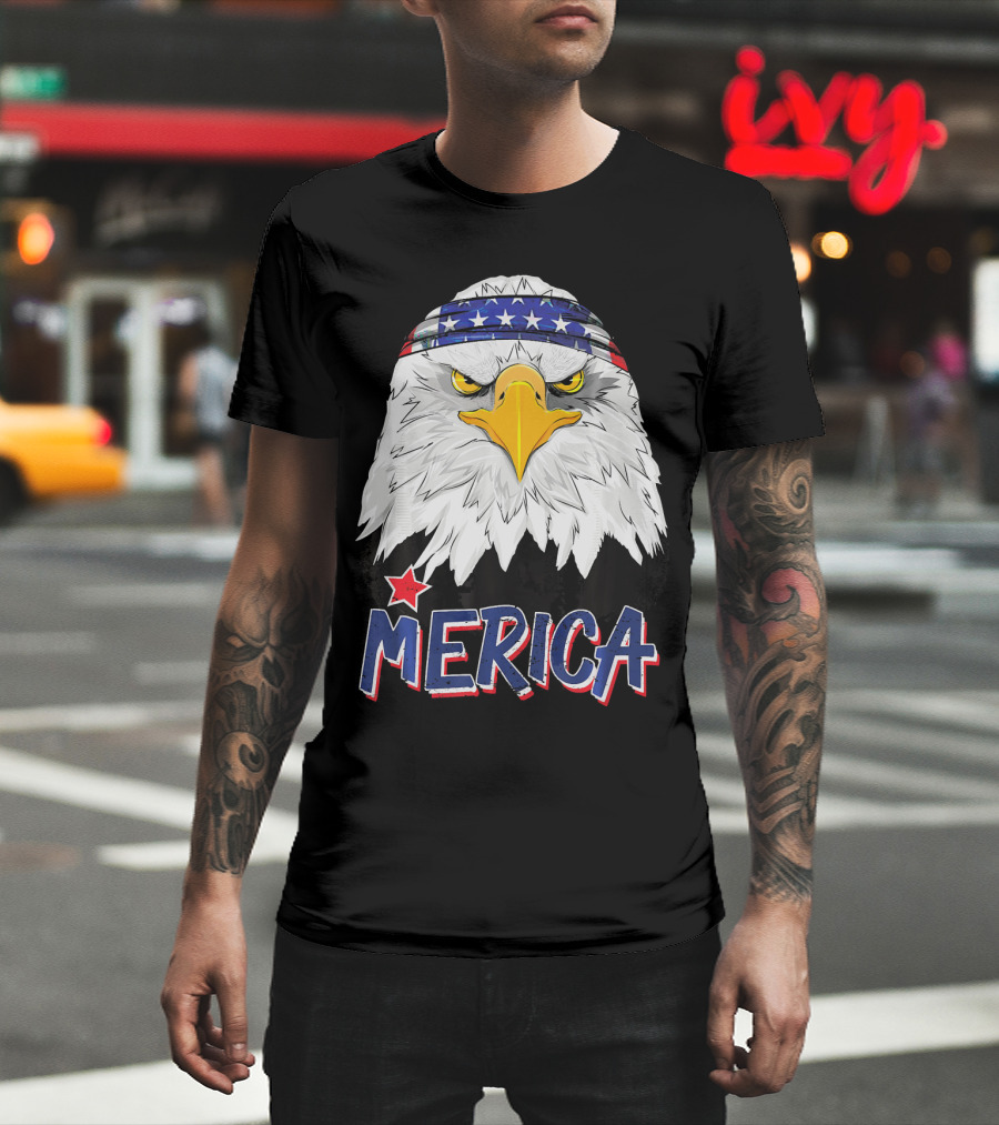 Merica Patriotic American Bald Eagle With Star-Spangled Headband T-Shirt