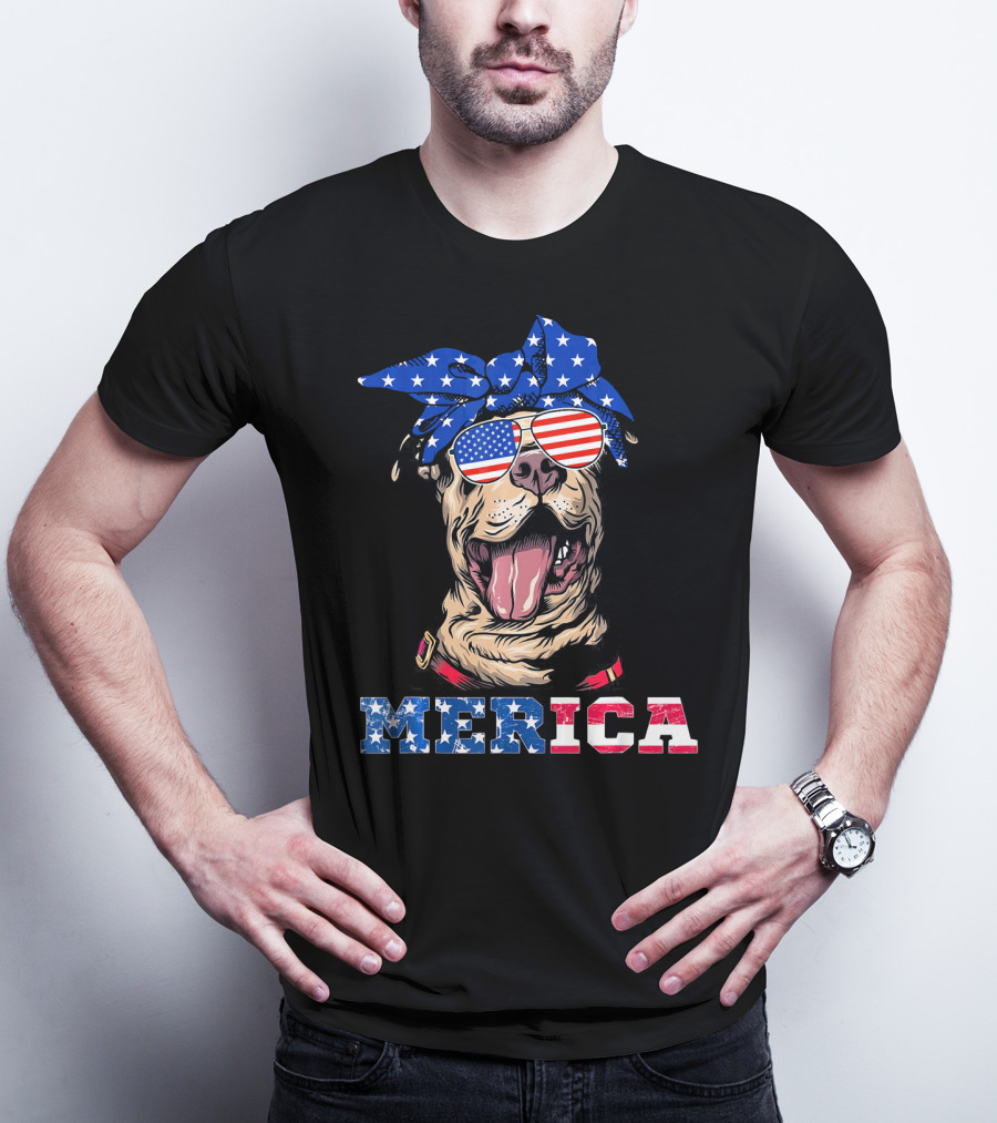 Merica American Flag Pitbull Wearing Bandana And Sunglasses T-Shirt