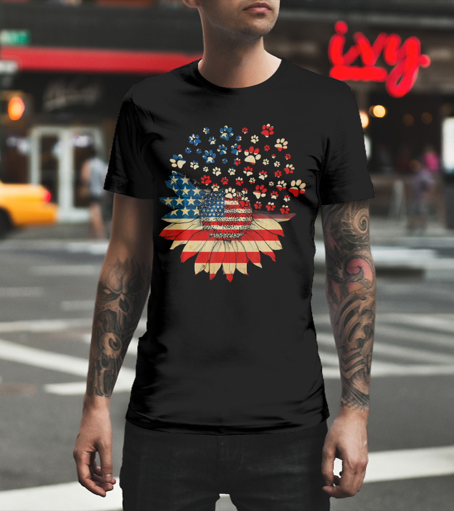 American Flag Sunflower With Dog Paw T-Shirt