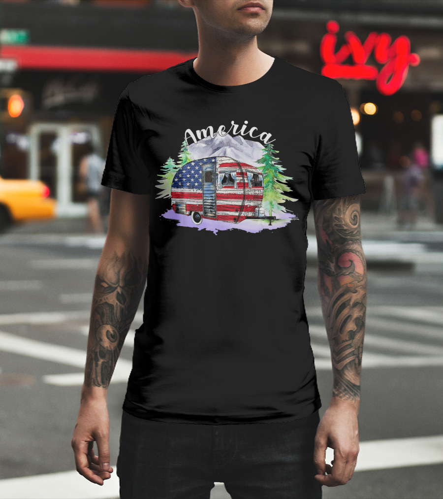 America Camping Van With USA Flag And Mountains For Fourth Of July T-Shirt
