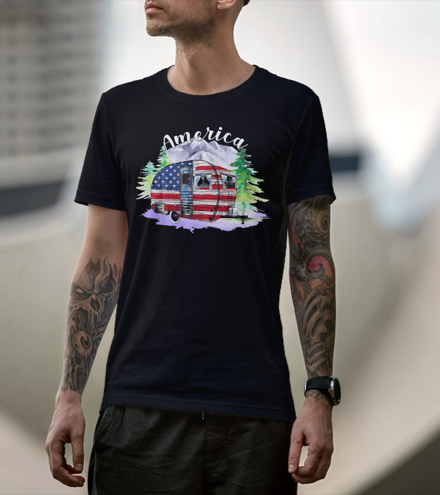 America Camping Van With USA Flag And Mountains For Fourth Of July T-Shirt