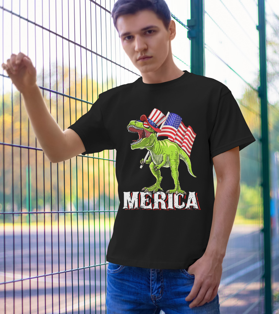 'Merica Patriotic Rex Dinosaur With American Flags And Hat T-Shirt