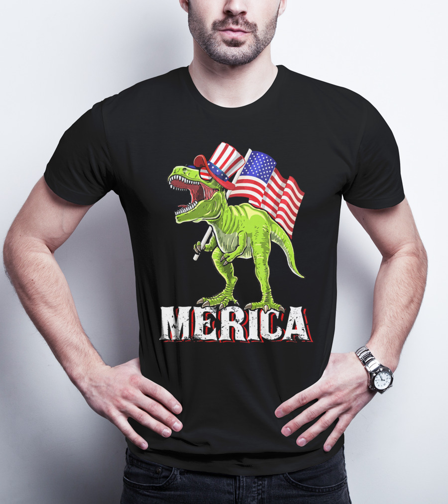 'Merica Patriotic Rex Dinosaur With American Flags And Hat T-Shirt