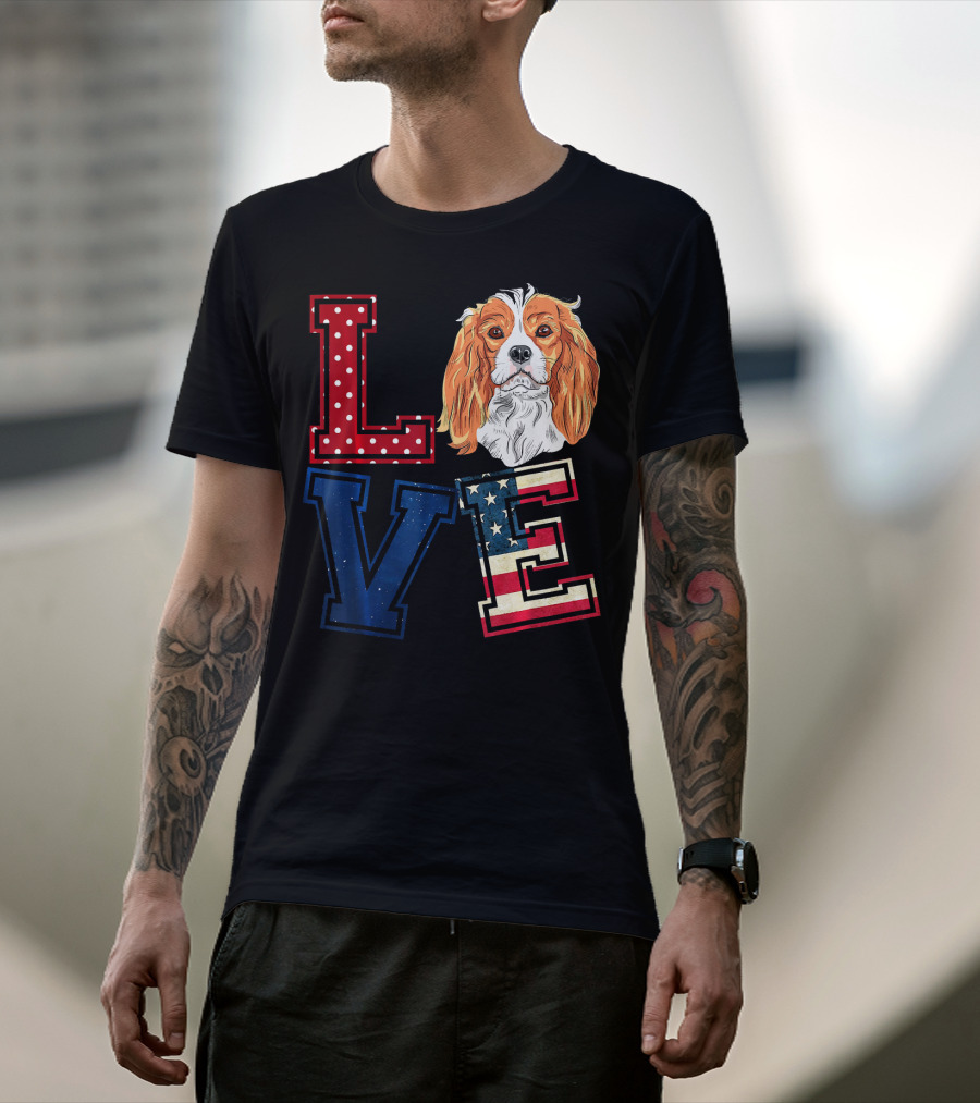 LOVE Cavalier King Charles Spaniel American Flag Face T-Shirt