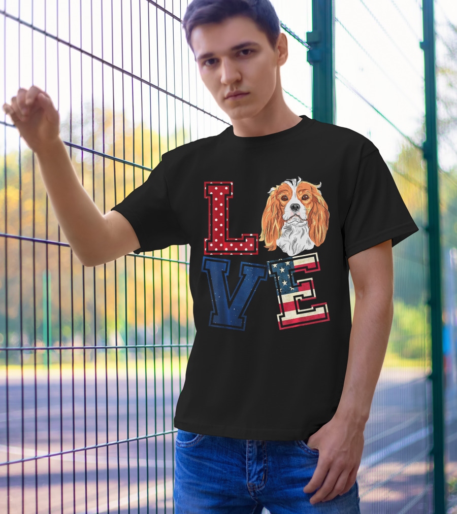 LOVE Cavalier King Charles Spaniel American Flag Face T-Shirt