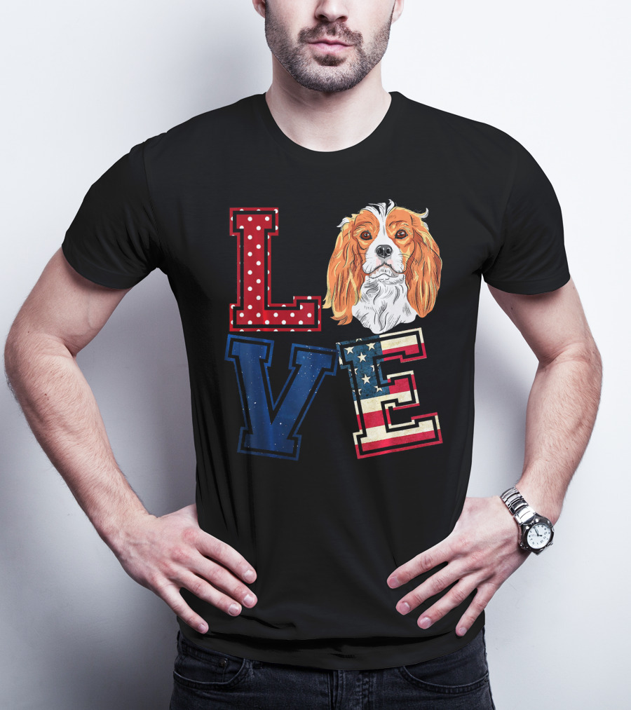 LOVE Cavalier King Charles Spaniel American Flag Face T-Shirt