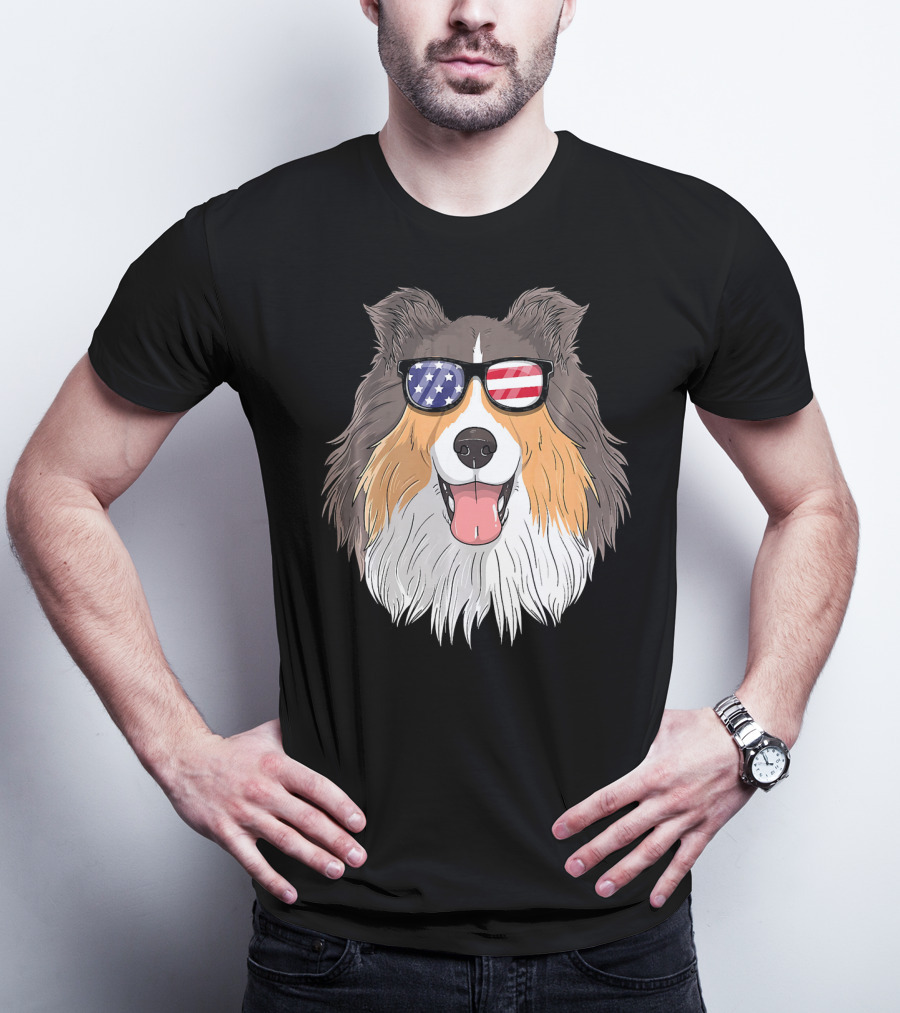 Shetland Sheepdog Patriotic Sheltie With American Flag Sunglasses T-Shirt