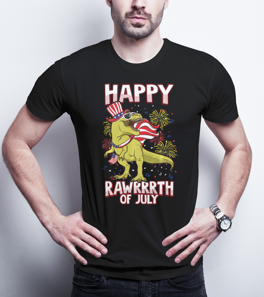 Happy Rawrrrth Of July American Flag Tyrannosaurus Rex T-Shirt