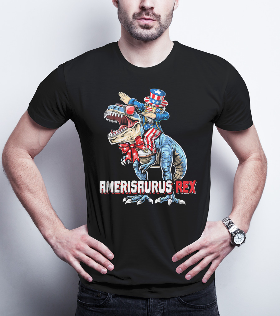 Amerisaurus Rex Dinosaur Dabbing Uncle Sam Patriotic Stars Stripes T-Shirt