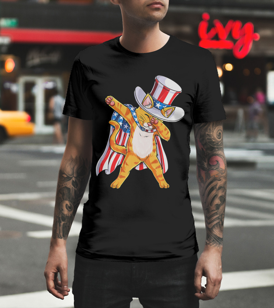 Meowica Cat Dabbing In Uncle Sam Hat And American Flag Cape T-Shirt