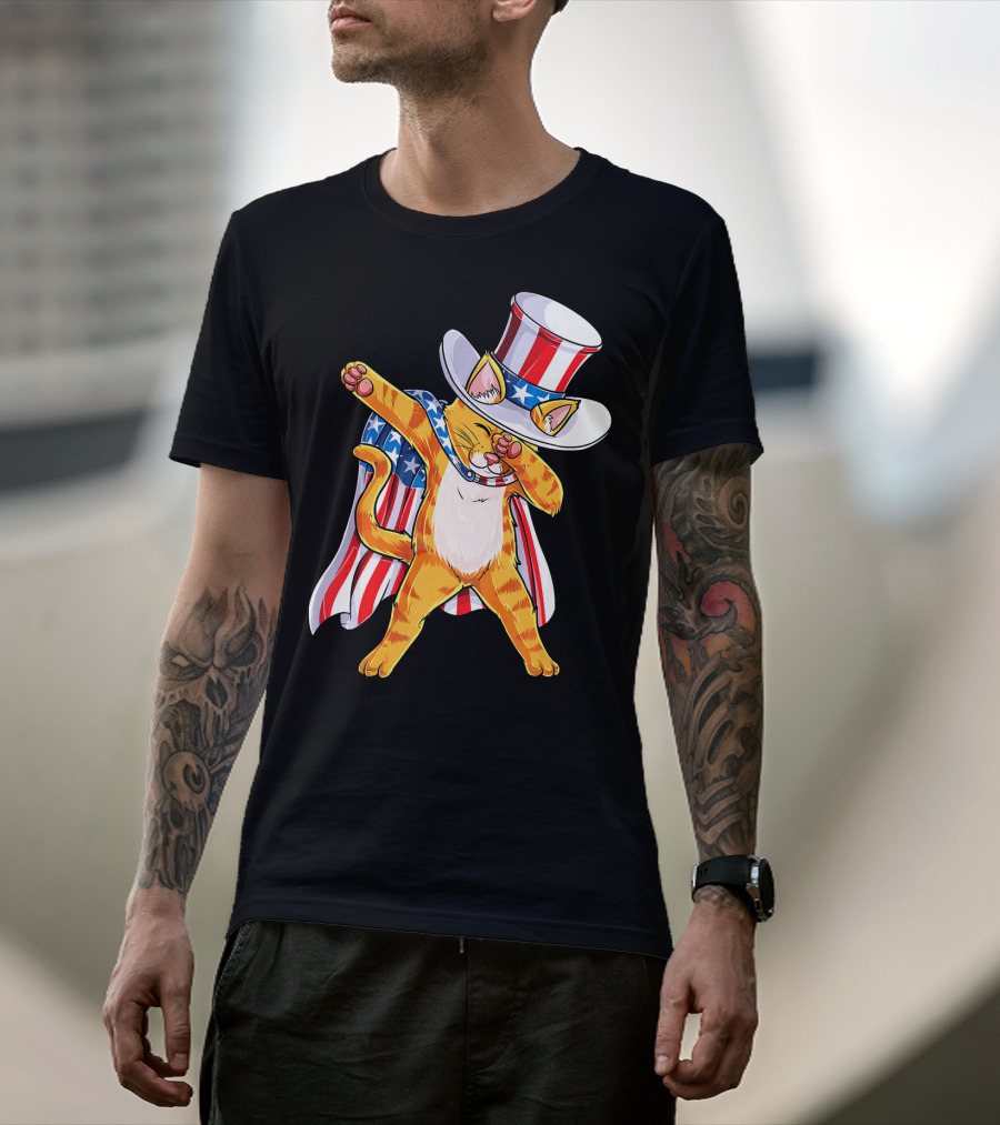 Meowica Cat Dabbing In Uncle Sam Hat And American Flag Cape T-Shirt