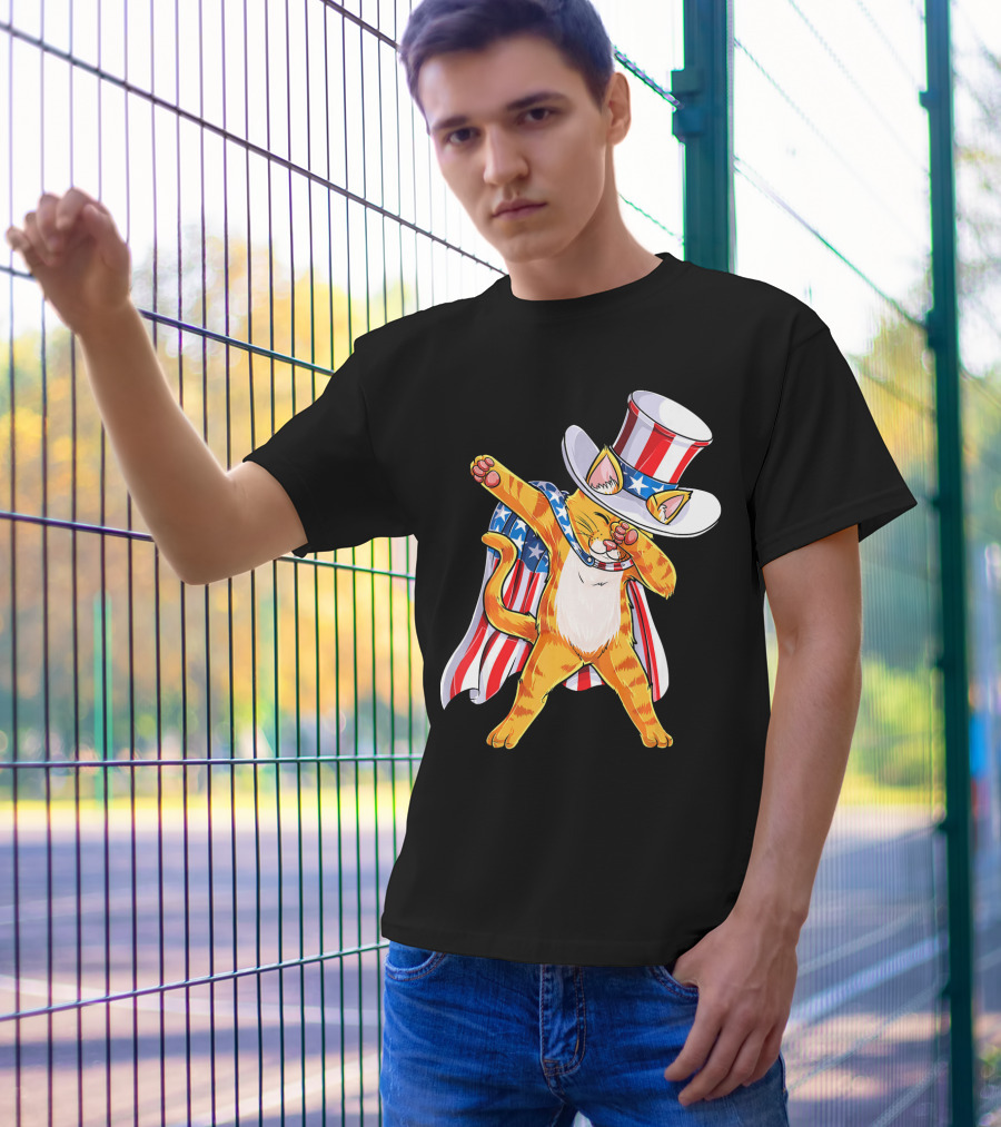 Meowica Cat Dabbing In Uncle Sam Hat And American Flag Cape T-Shirt