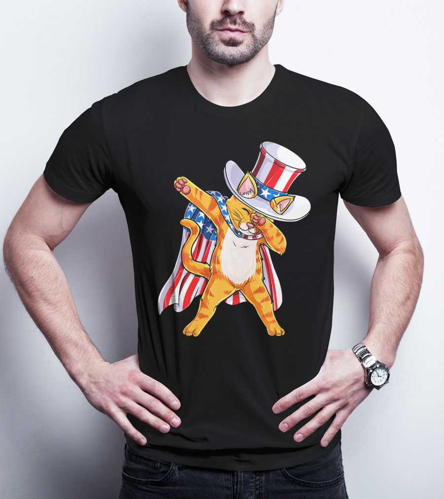 Meowica Cat Dabbing In Uncle Sam Hat And American Flag Cape T-Shirt