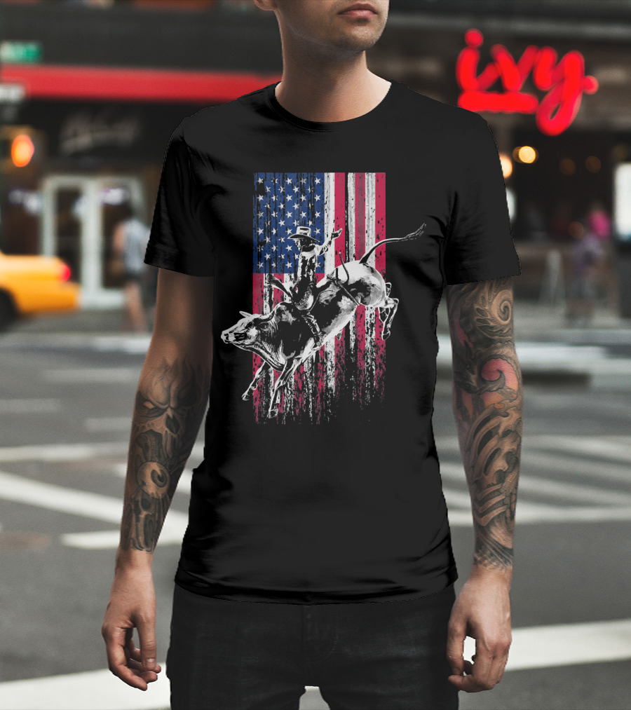 Patriotic American Flag Bull Rider Rodeo Scene T-Shirt