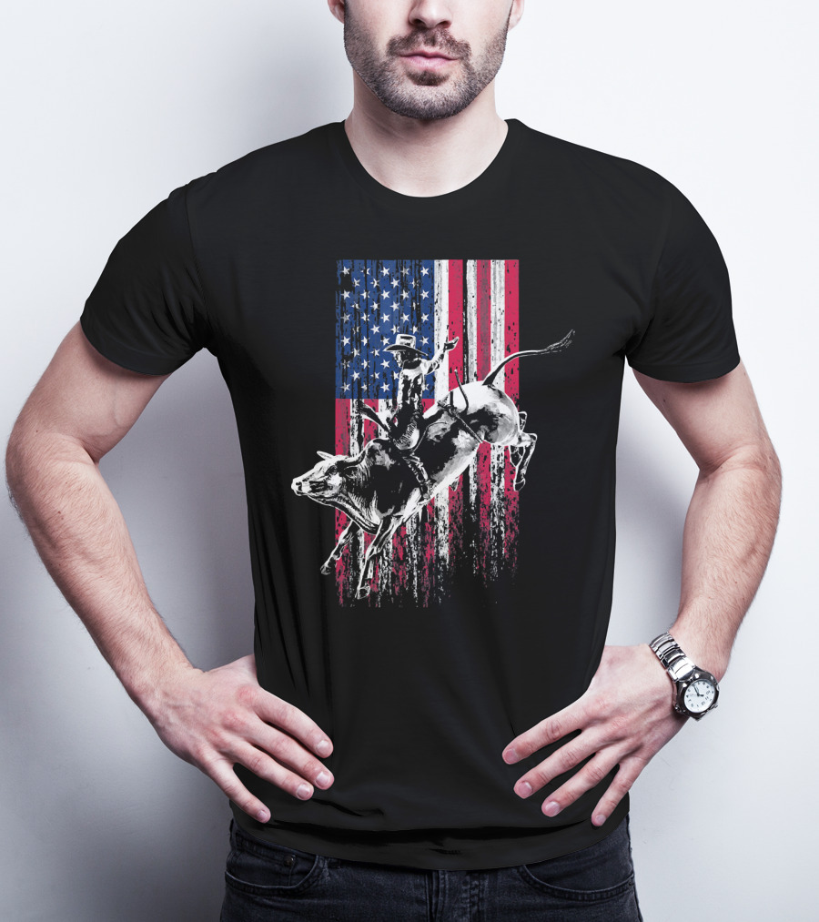 Patriotic American Flag Bull Rider Rodeo Scene T-Shirt