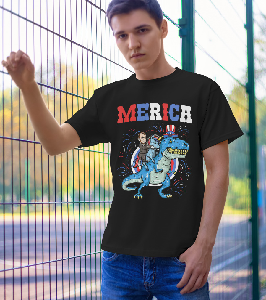 Merica Abe Lincoln Riding Unicorn On T-Rex With Patriotic Hat T-Shirt