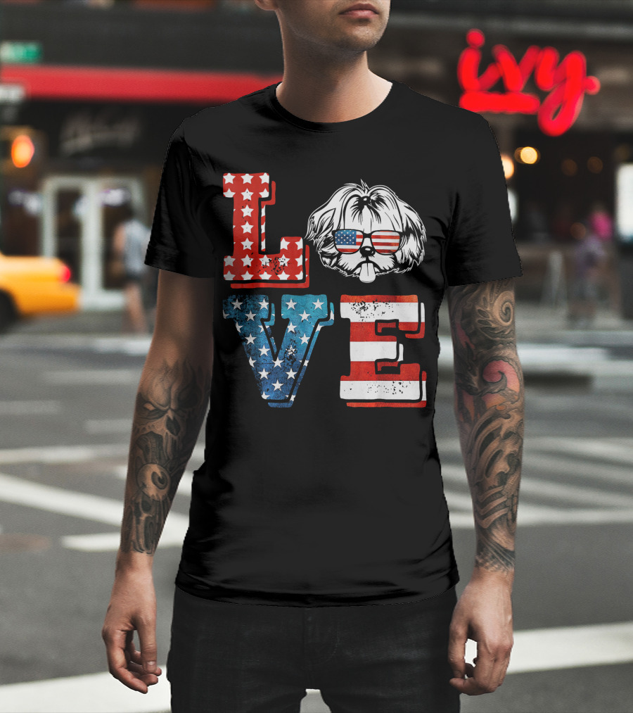 Love Shih Tzu Patriotic American Flag Sunglasses T-Shirt