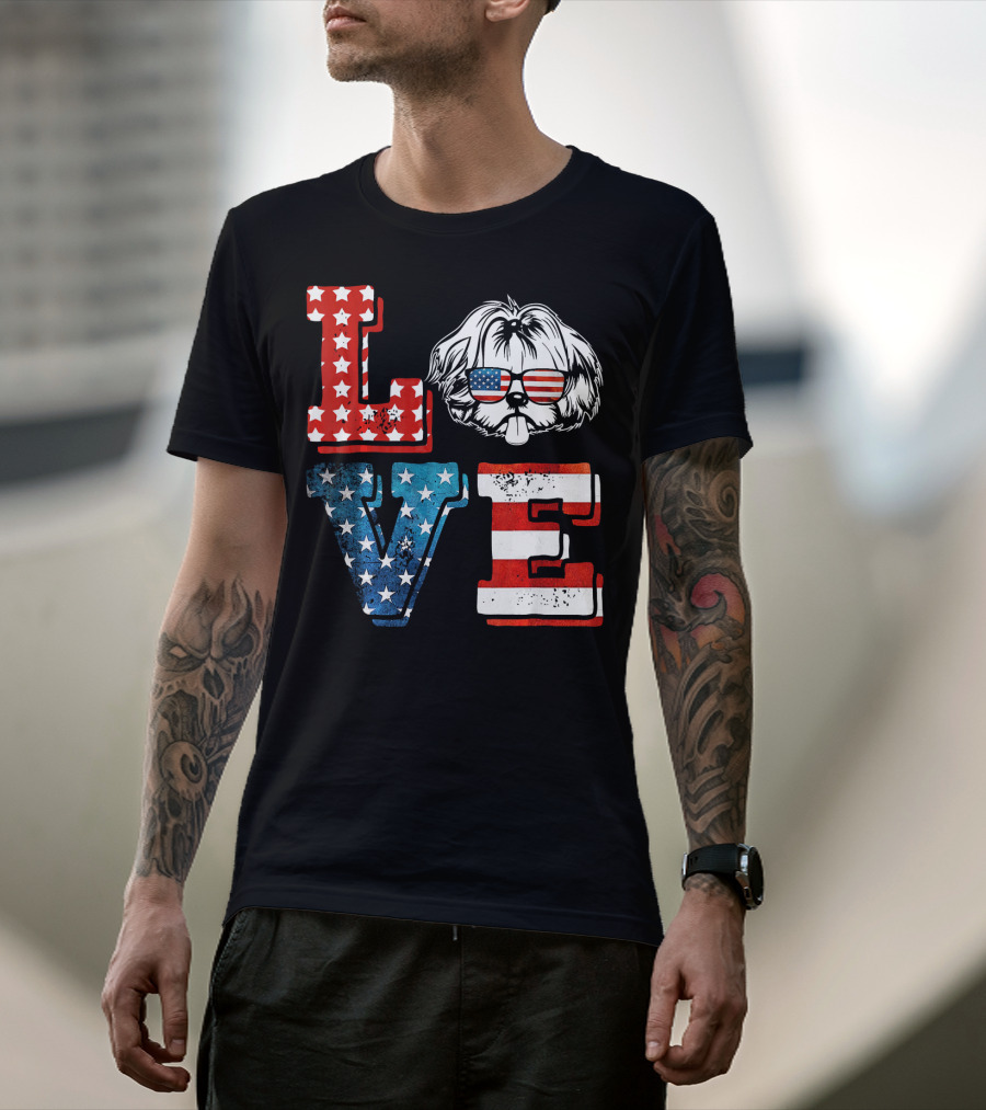 Love Shih Tzu Patriotic American Flag Sunglasses T-Shirt