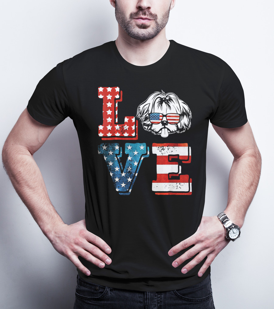 Love Shih Tzu Patriotic American Flag Sunglasses T-Shirt