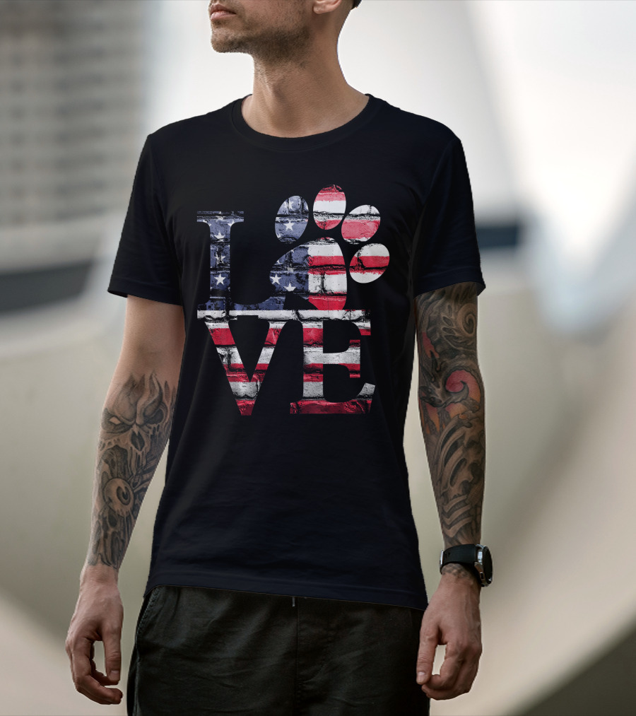 Patriotic Love USA Flag Style With Dog Paw T-Shirt