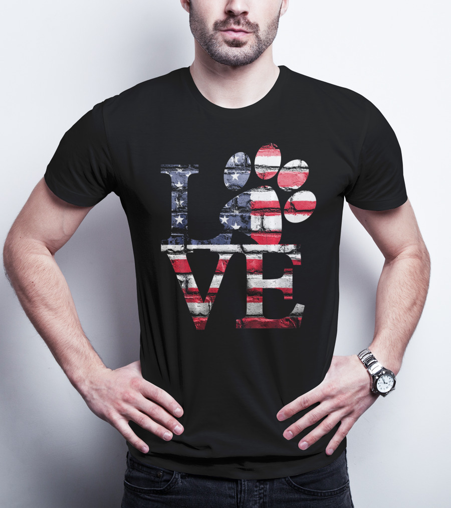 Patriotic Love USA Flag Style With Dog Paw T-Shirt