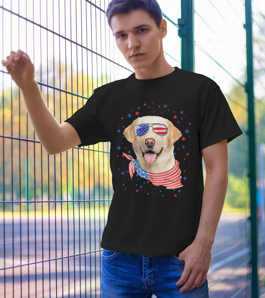 American Flag Labrador With Patriotic Sunglasses And Scarf Surrounded By Stars T-Shirt