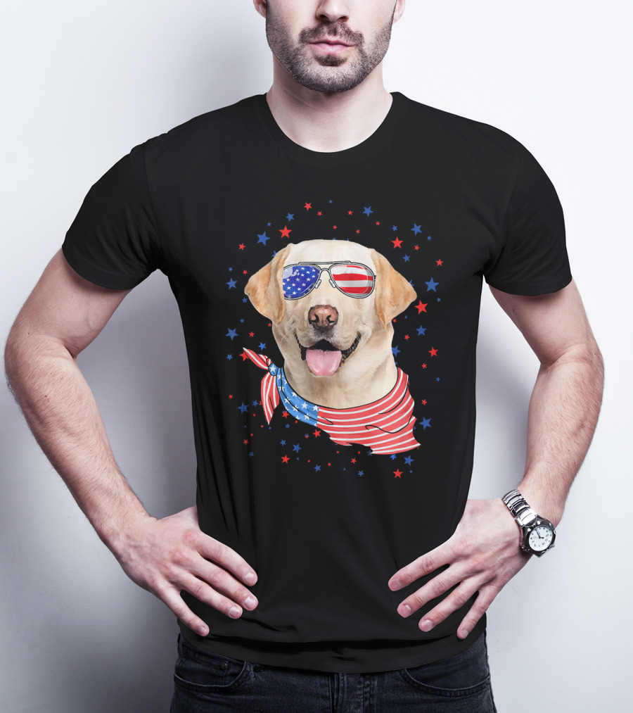 American Flag Labrador With Patriotic Sunglasses And Scarf Surrounded By Stars T-Shirt