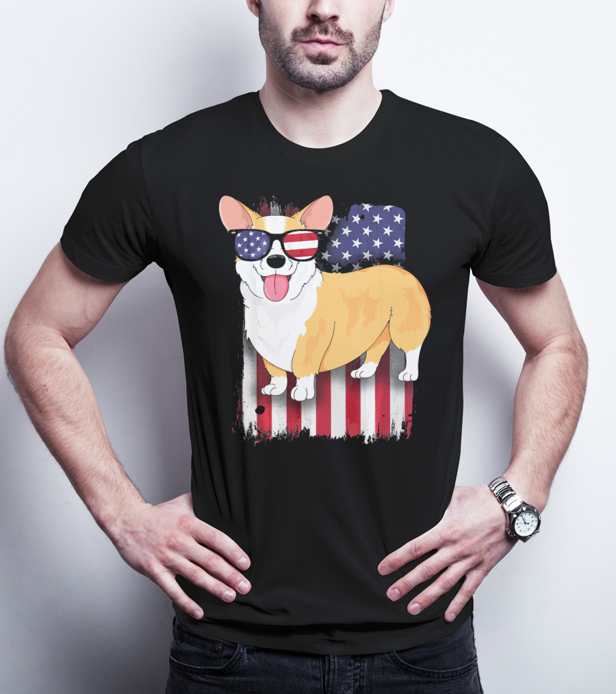 Corgi American Flag Sunglasses Patriotic Spirit T-Shirt