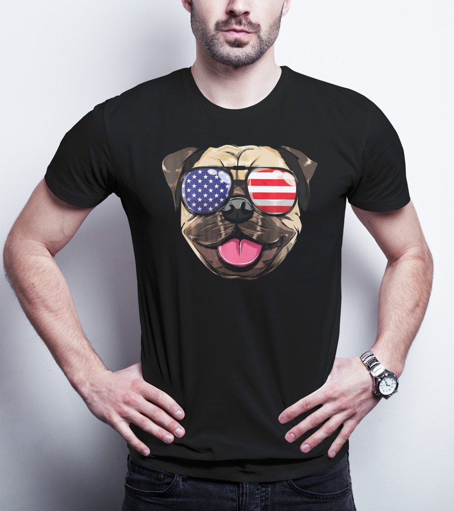 Pug Dog With American Flag Sunglasses Patriotic T-Shirt