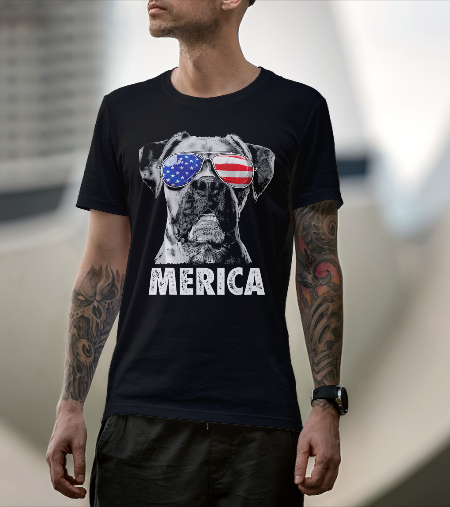 Merica Boxer Dog With American Flag Sunglasses T-Shirt