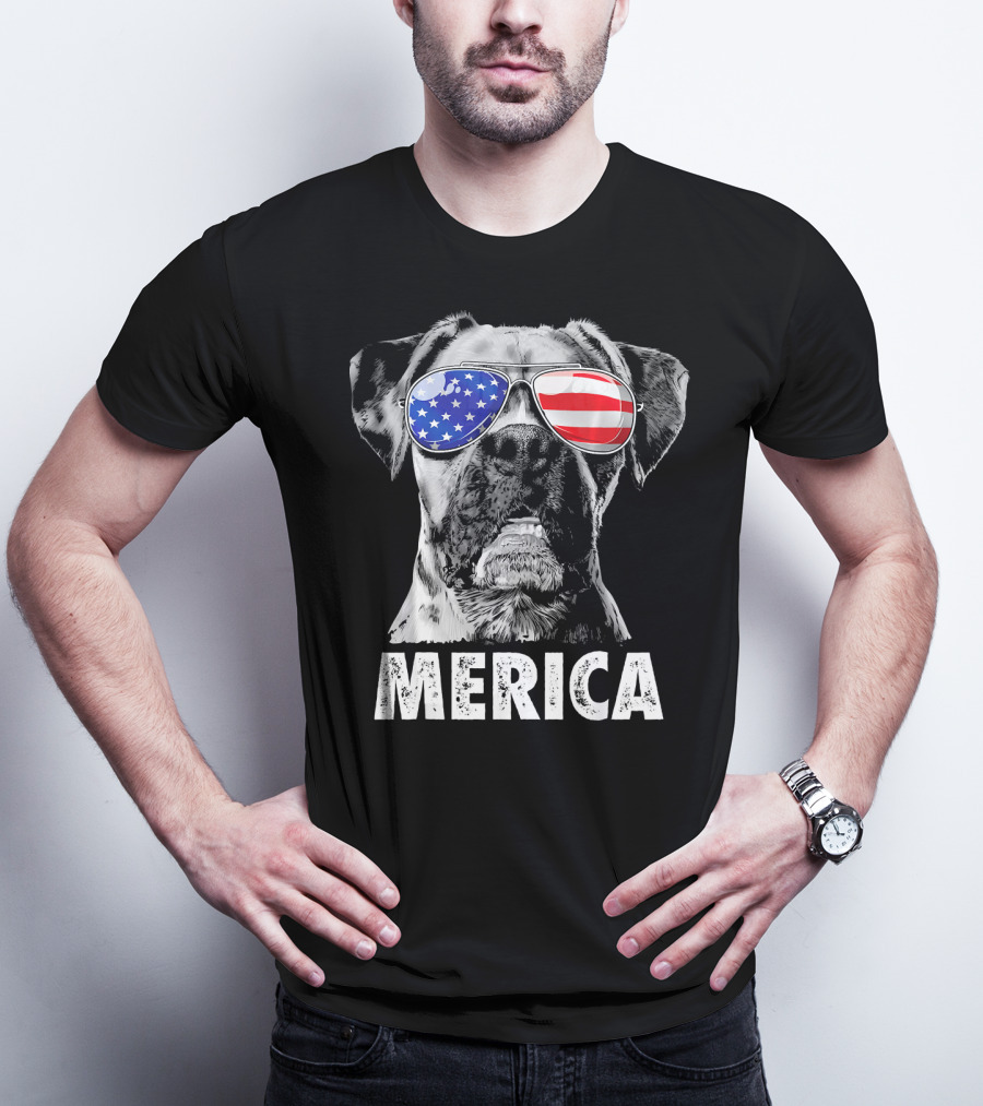 Merica Boxer Dog With American Flag Sunglasses T-Shirt
