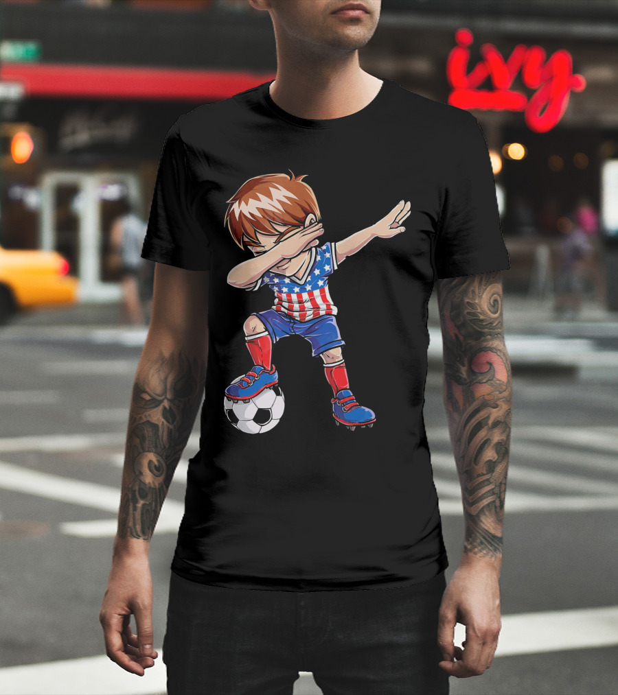 Dabbing Soccer Boy With American Flag Jersey T-Shirt