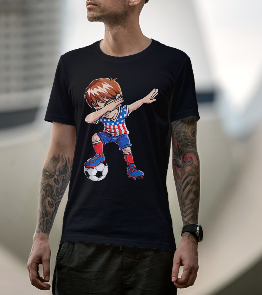 Dabbing Soccer Boy With American Flag Jersey T-Shirt