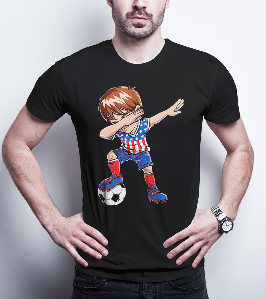 Dabbing Soccer Boy With American Flag Jersey T-Shirt